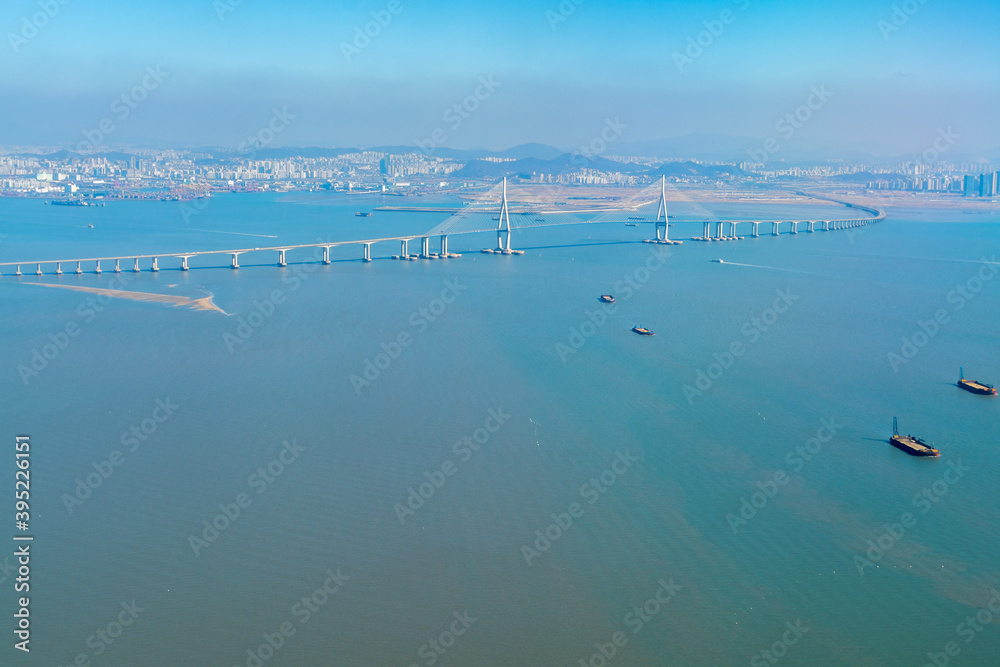 Aerial View of Incheon Bridge from a window of aeroplane, which is ...