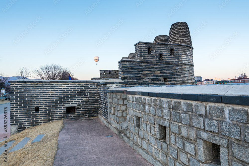 Hwaseong fortress and watch tower in Suwon city, South Korea. A famous ...