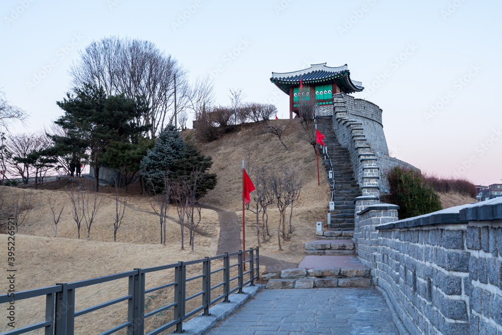 Hwaseong fortress and watch tower in Suwon city, South Korea. A famous ...