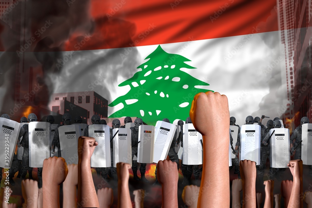 Protest in Lebanon - police officers stand against the angry crowd on ...