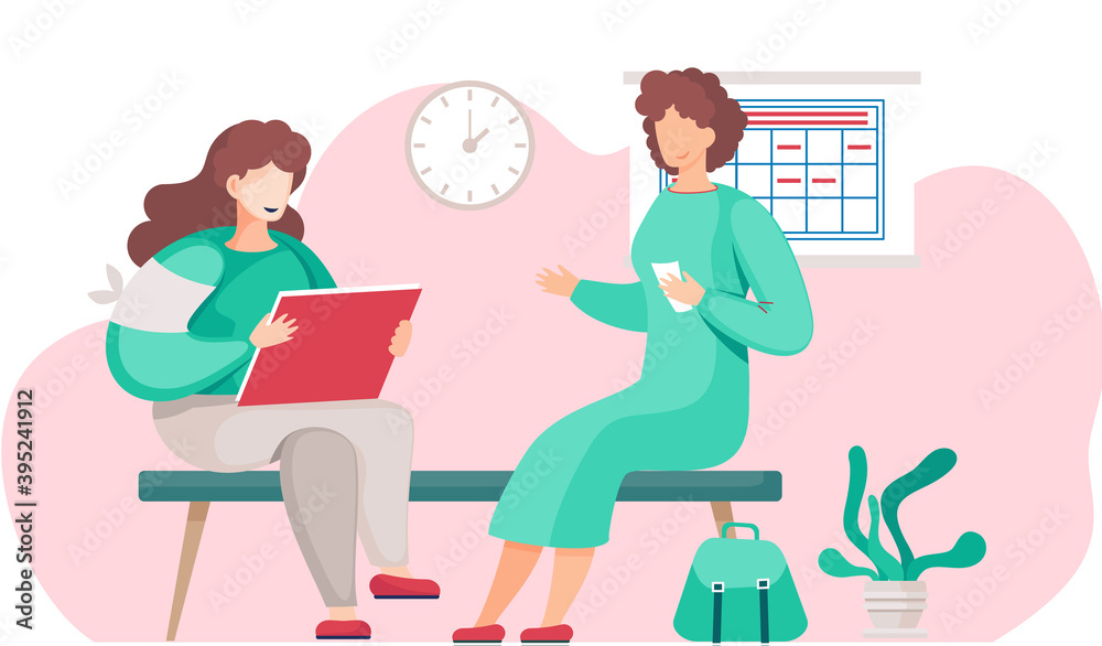 Medical volunteer sitting on the bench and communicating with woman ...