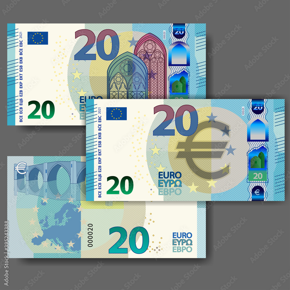 Set of new paper money in the style of the European Union. Blue 20 euro ...