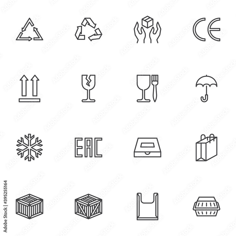Packaging symbols line icons set, outline vector symbol collection ...