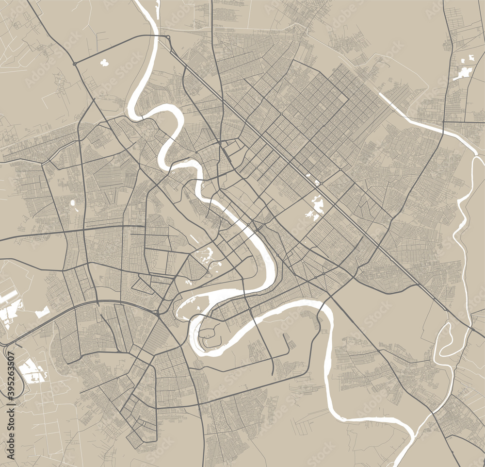 Detailed map of Baghdad city, linear print map. Cityscape panorama ...
