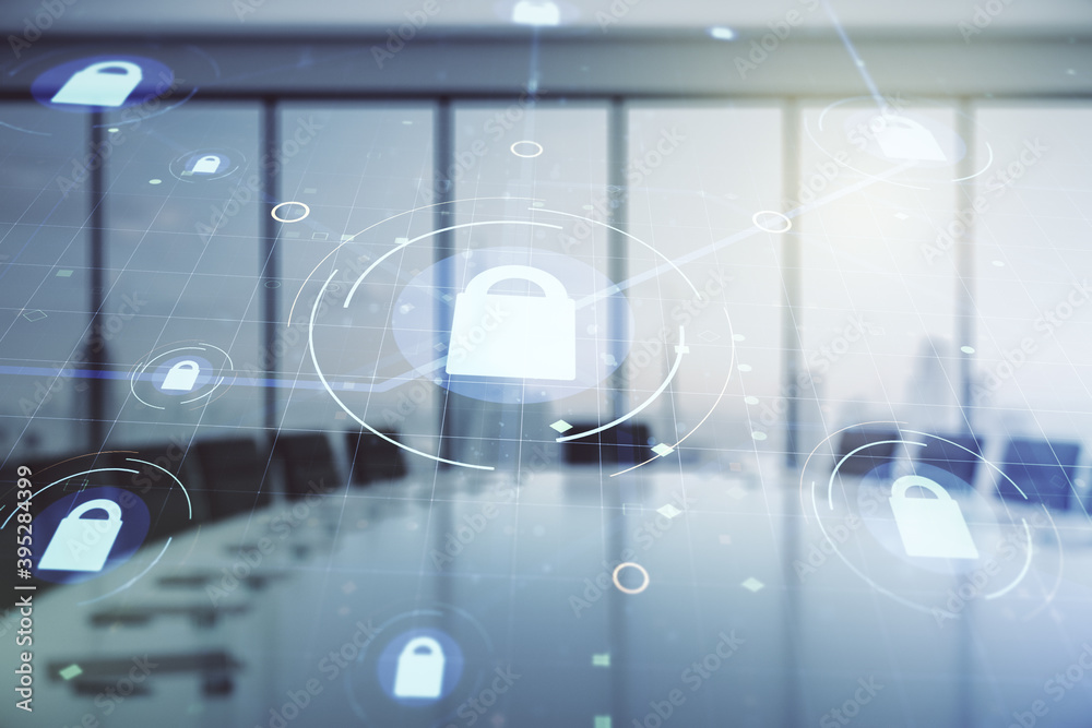 Virtual creative lock symbol and microcircuit illustration on a modern ...