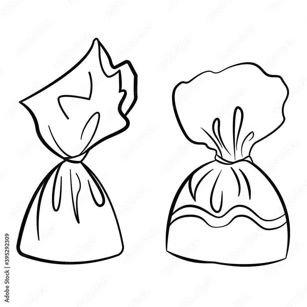 Chocolate candies in wrappers. Linear art, vector flat image. Can be ...