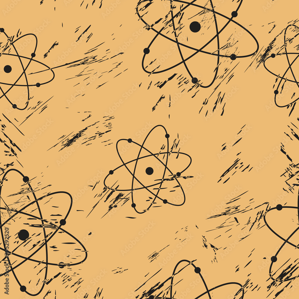 Vector seamless pattern with planetary model atom. Print in old retro ...