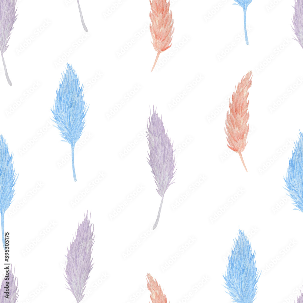 Pampas grass watercolor seamless pattern. Hand painted colorful pampas ...