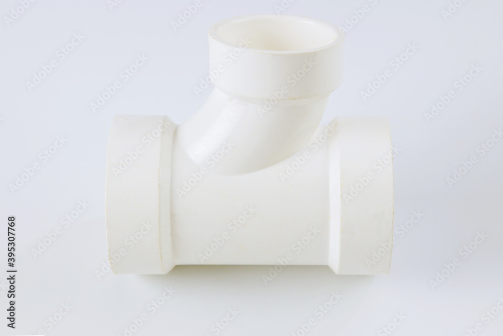 Plumbing waste water drain PVC connecting plastic pipes on a white ...