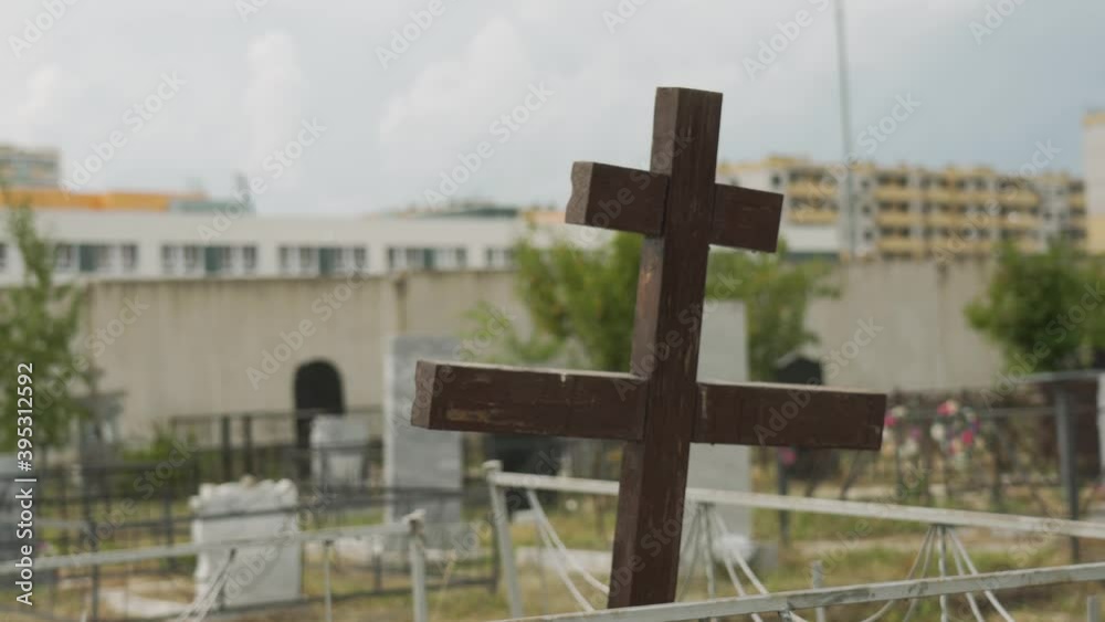Gloomy Orthodox Russian graveyard. Burial place of people. Christian ...