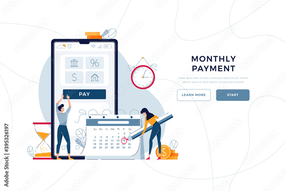 Monthly payment homepage template. Man pays regular fees online, woman ...
