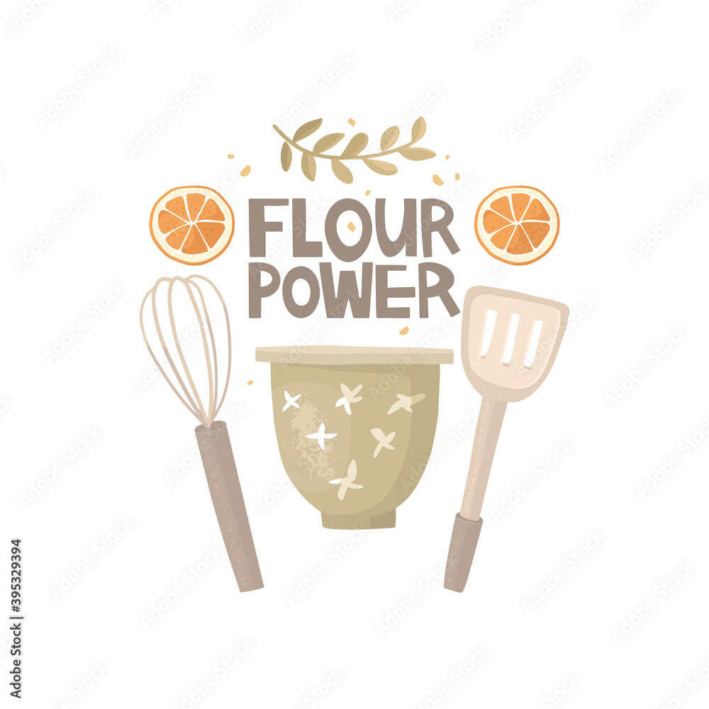 Handwritten lettering "flour power", pun. Vector illustration in a hand ...