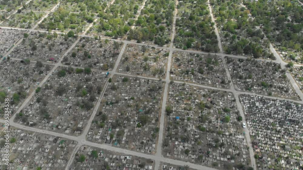 Aerial cemetery near forest. Russian graveyard, place where the remains ...