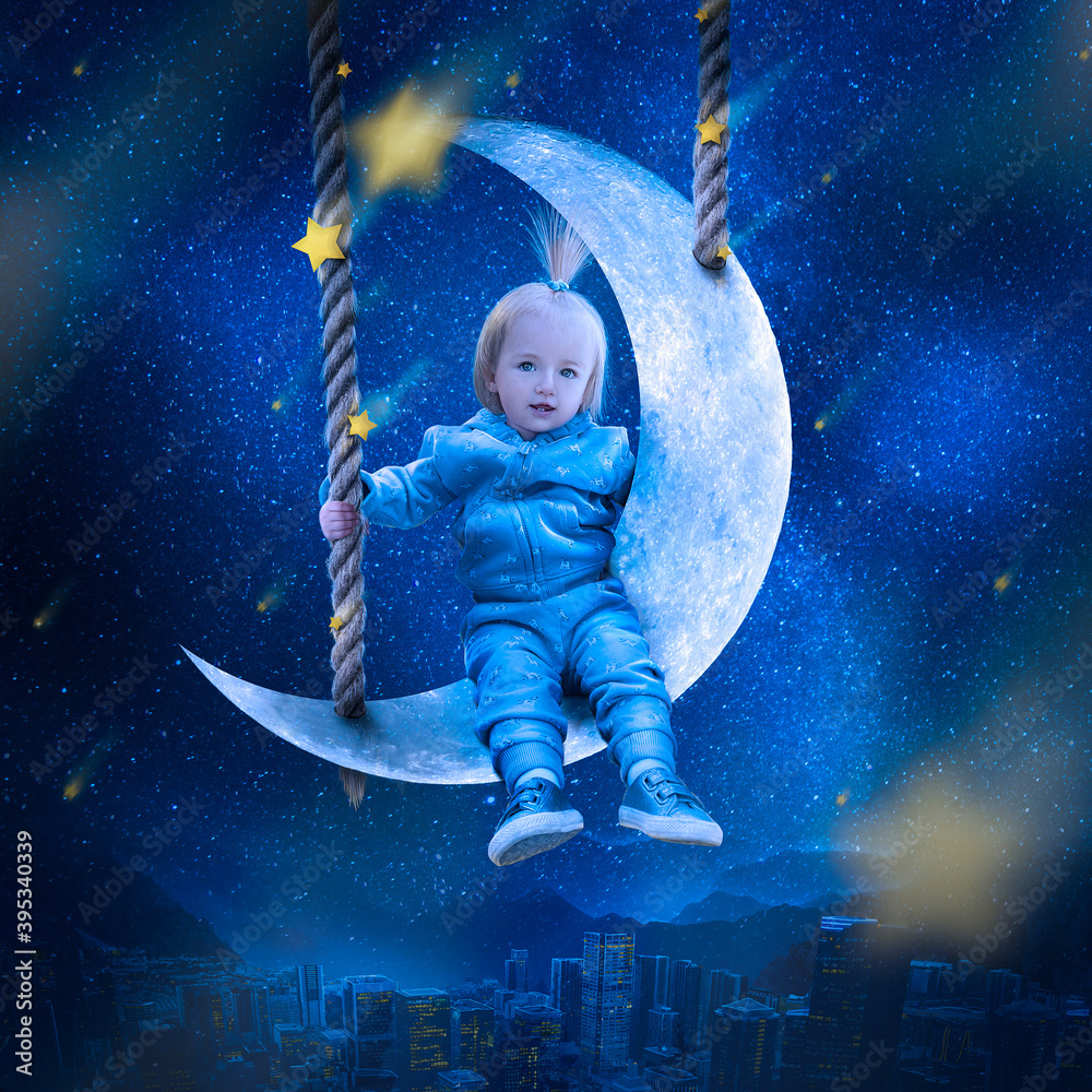 Cute little girl sits on the moon above the city and looks on the stars ...