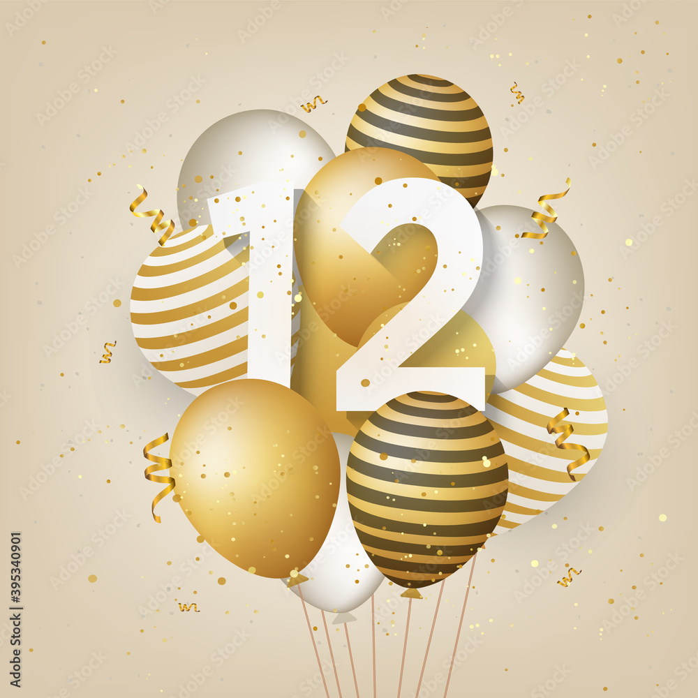 Happy 12th birthday with gold balloons greeting card background. 12 ...