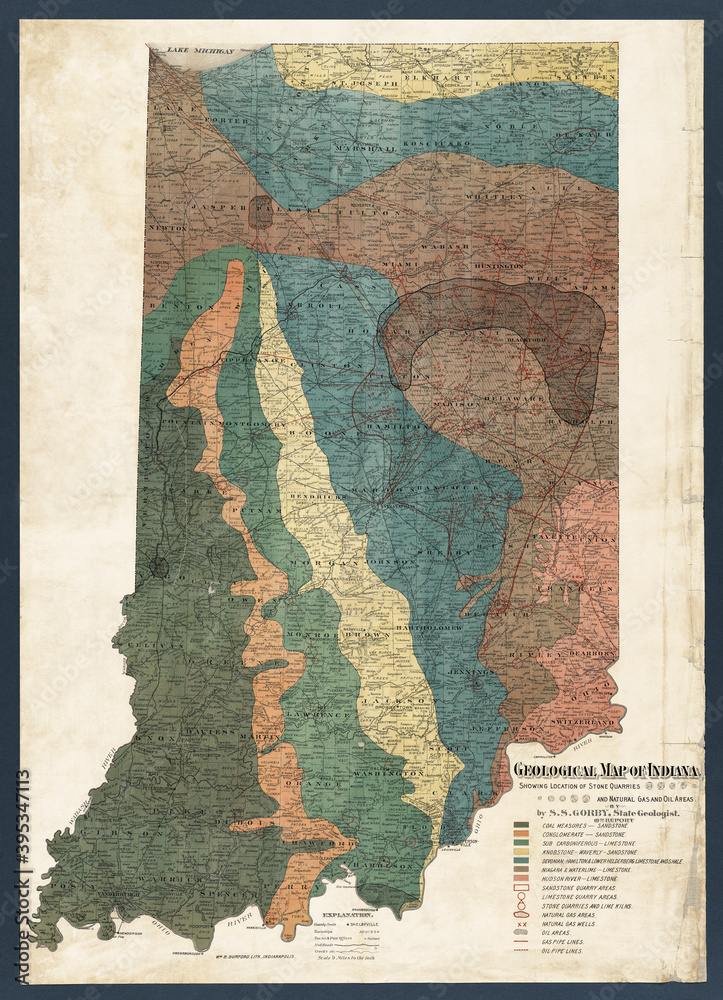 Old Map Title: "Geological map of Indiana : showing location of stone ...