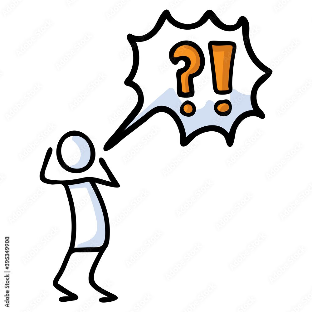 Hand drawn stickman shocked with speech bubble exclamation point ...