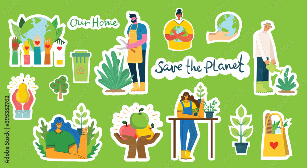 Set of eco save environment stickers pictures. People taking care of ...