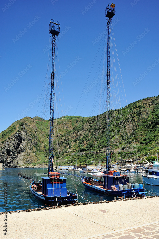 Passarella or Feluca typical boat for fishing for swordfish in the port ...