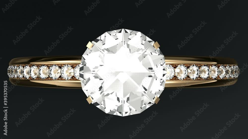 Top View of Golden Ring with Diamonds on black studio background. 4K ...