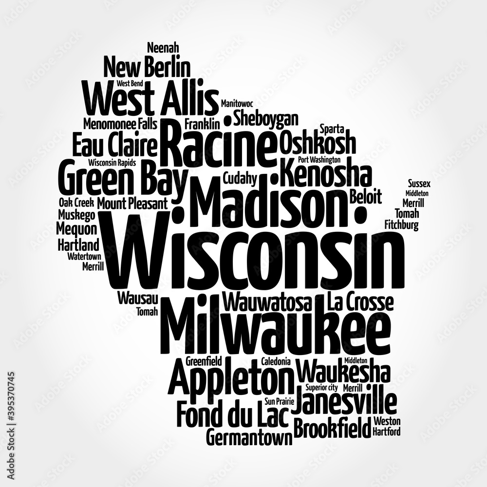 List of cities in Wisconsin USA state, map silhouette word cloud, map ...