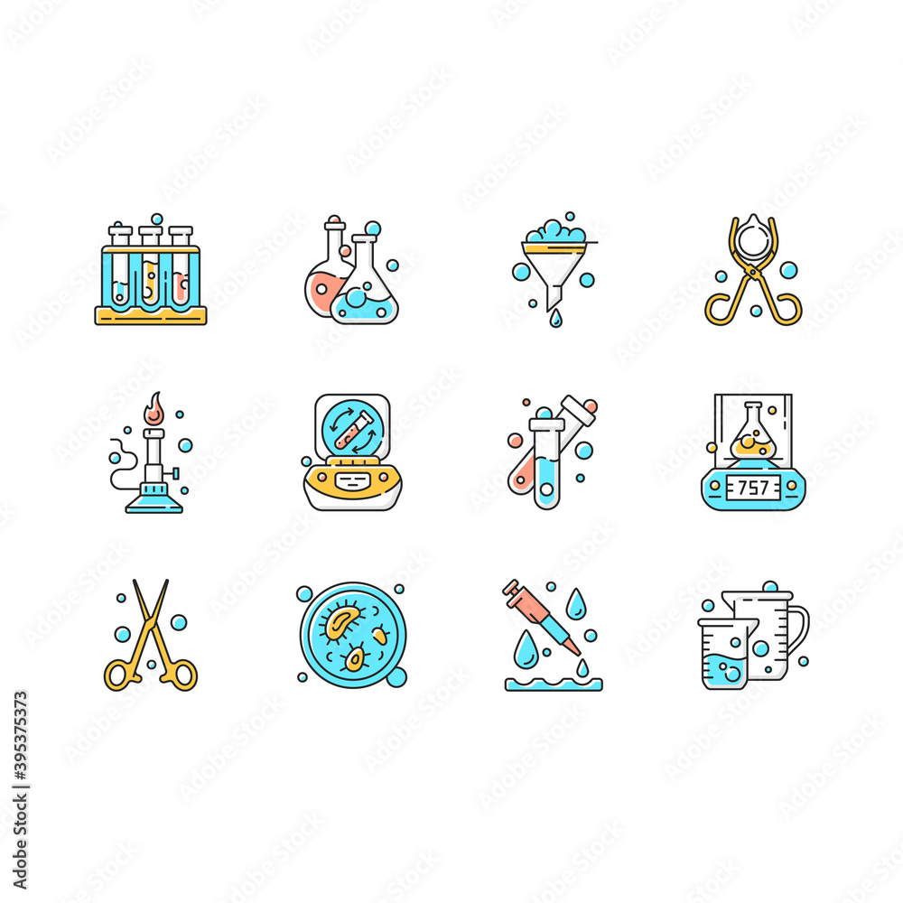 Lab equipment RGB color icons set. Test tube rack. Chemistry glassware ...