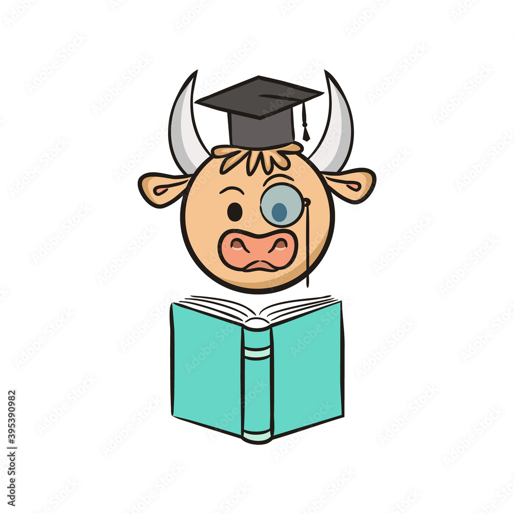 Cartoon smart bull with a monocle and open book. A cow with a master's ...