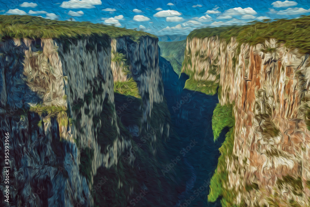 Itaimbezinho Canyon with steep rocky cliffs in a flat plateau covered ...