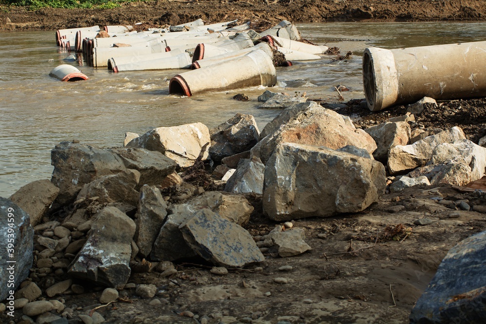 Temporary bridging of the Becva river after the flood. Skalicka. Czech ...