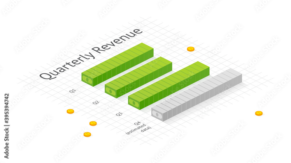 Concept of a quarter financial report with revenue bar chart for ...