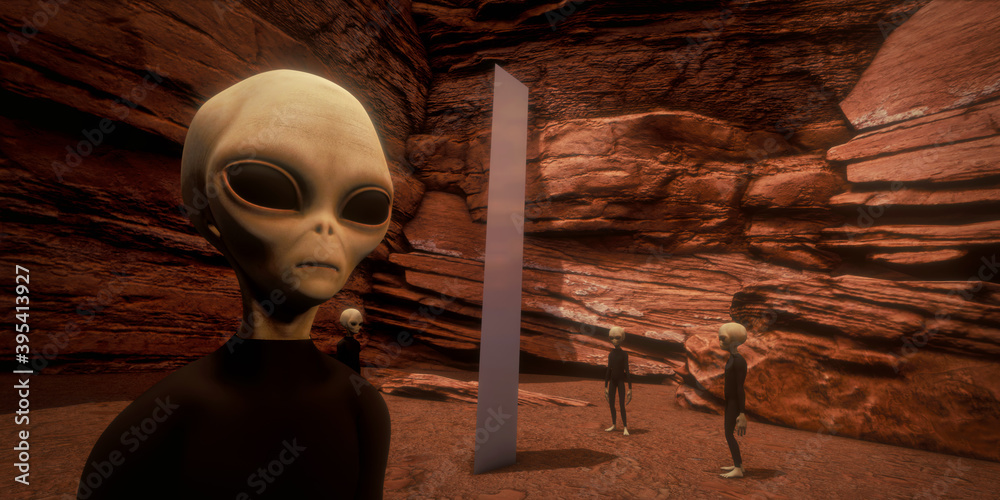 Alien Monolith Shiny Metal Object with Grey Alien in the desert ...