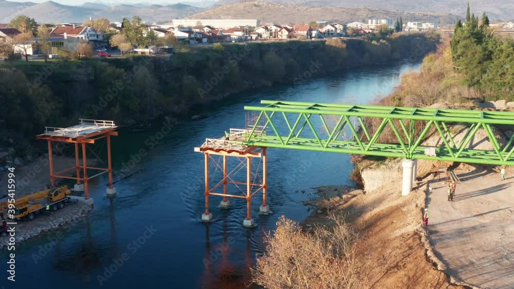 Bridge construction: metal scaffolding used as temporary support for ...
