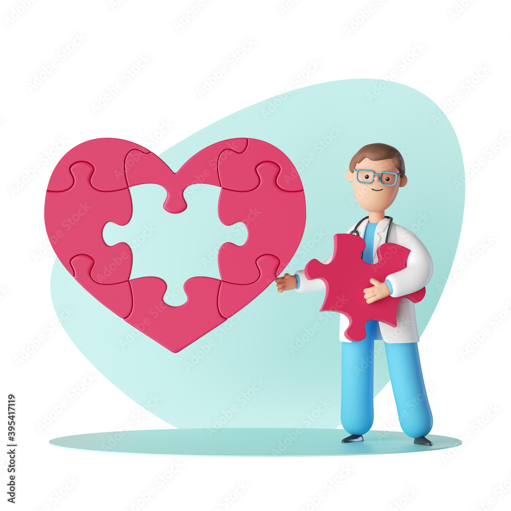 3d render, doctor cardiologist cartoon character with puzzle heart ...