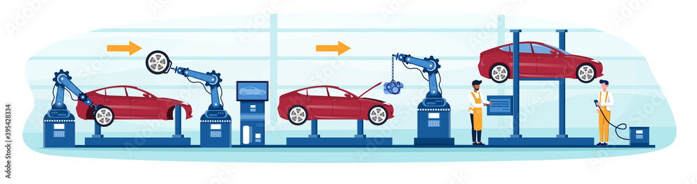 Process of automated car production. Wehicle parts on the machinery ...