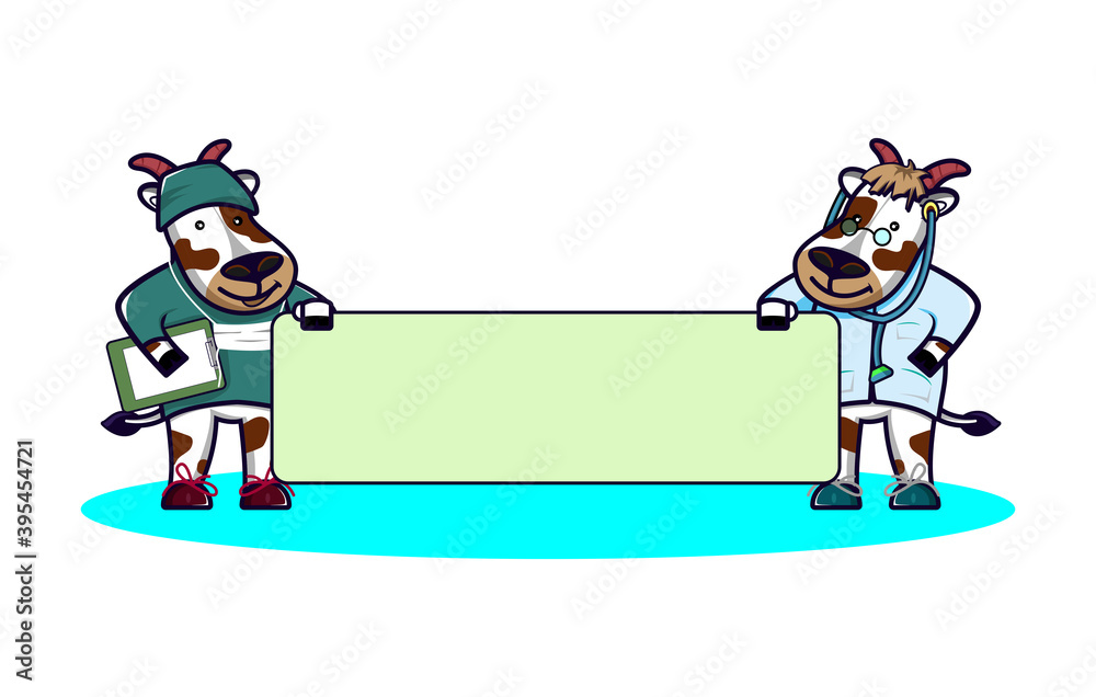 Cute cow as a farm doctor holding blank banner cartoon illustration ...