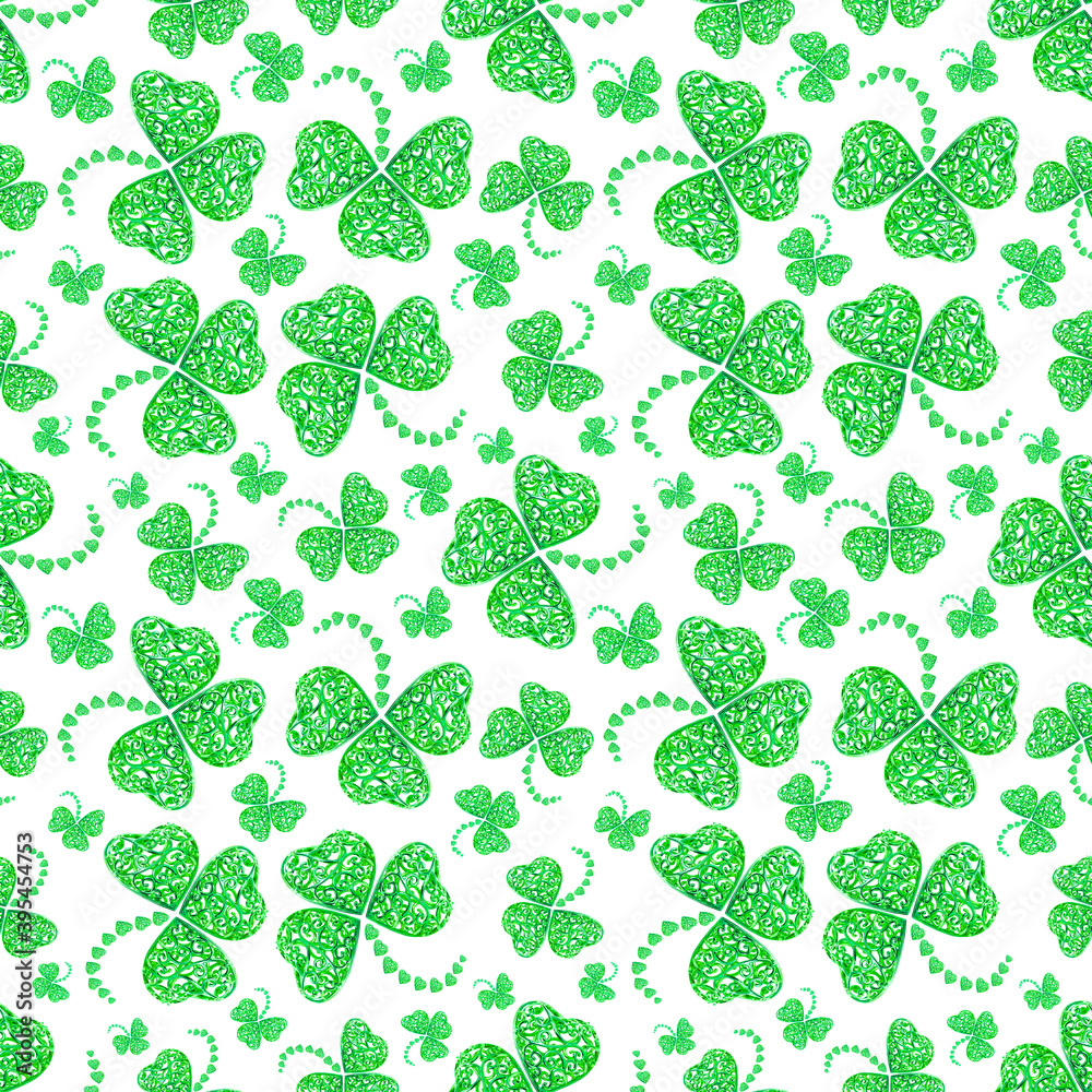 Seamless pattern of three-leaf clovers from green hearts isolated on a ...