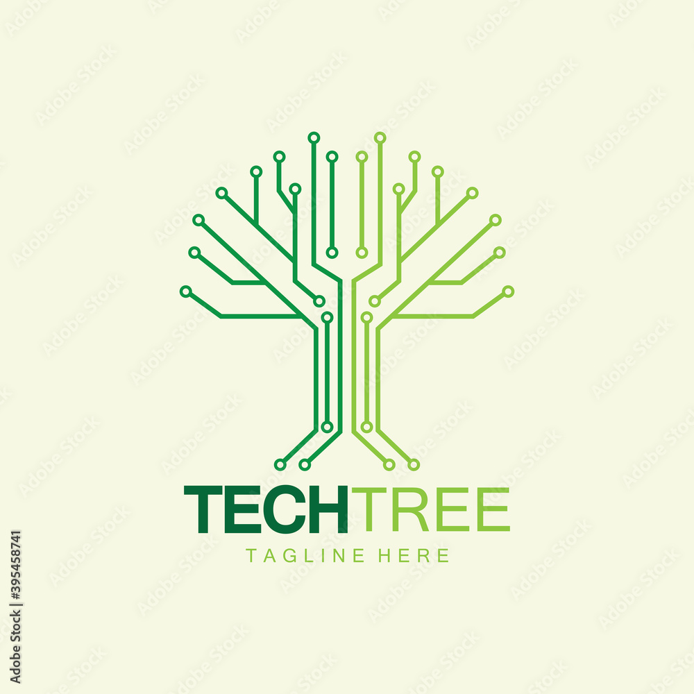 tech tree logo concept,green network technology logo vector.tech tree electrical circuit digital ...