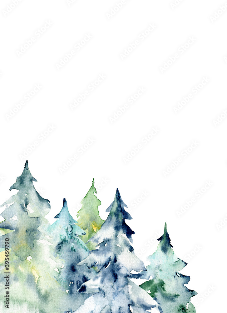 Forest background for greeting card, watercolor hand painting. Stock ...