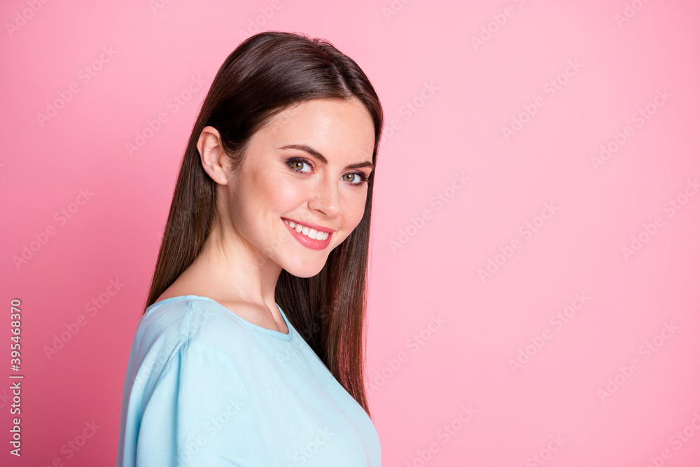 Turned photo of pretty girl look good in camera toothy smile isolated ...
