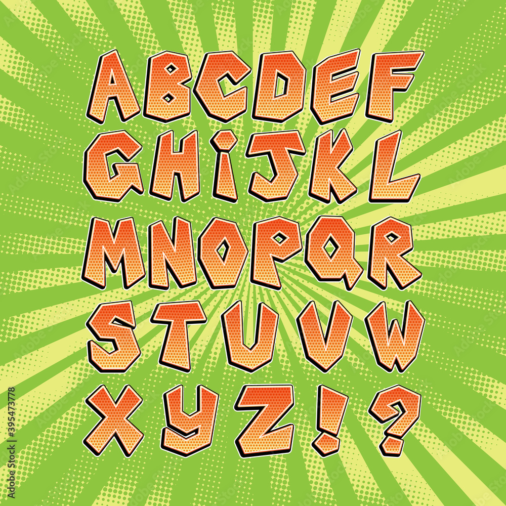 Yellow comic font in pop art retro style. Bright comic alphabet with ...
