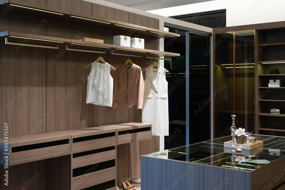 Modern wooden wardrobe with women clothes hanging on rail in walk in ...