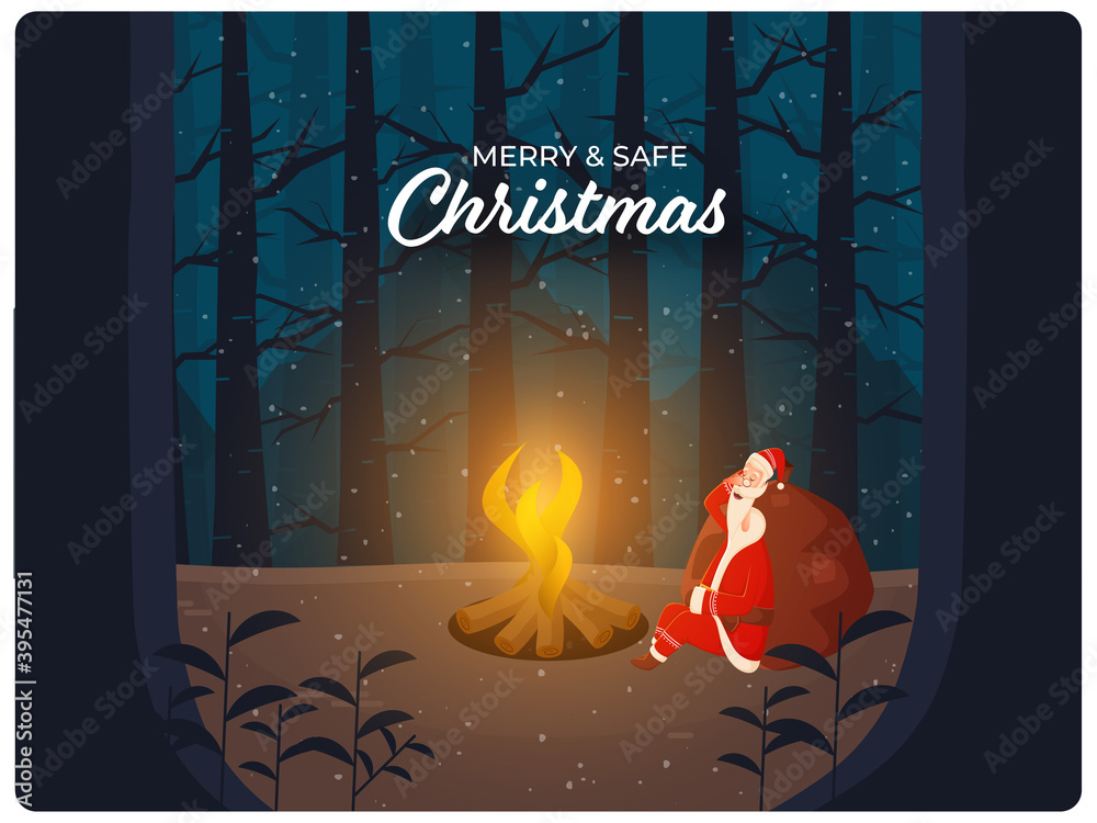 Cartoon Santa Claus Sleeping With Heavy Sack In Front Of Bonfire On ...