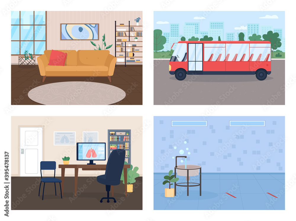 Social environment flat color vector illustration set. Modern living ...