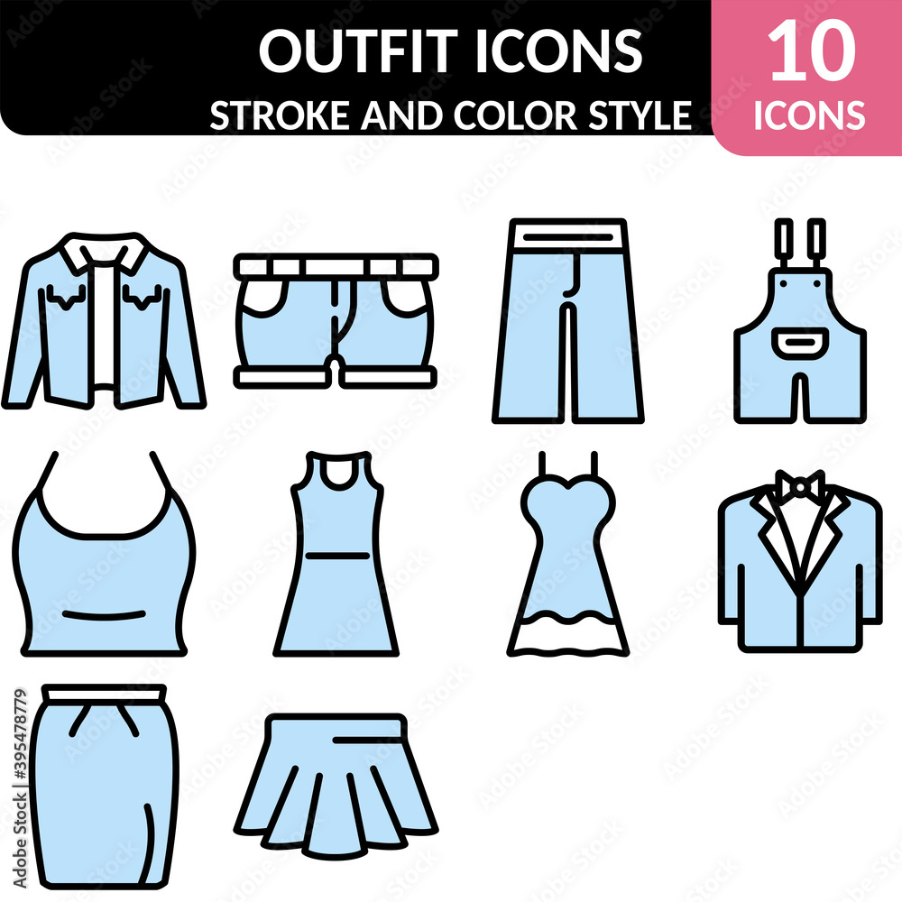 10 Outfit Icon or Symbol In Black Stroke And Blue Color Filled. Stock ...
