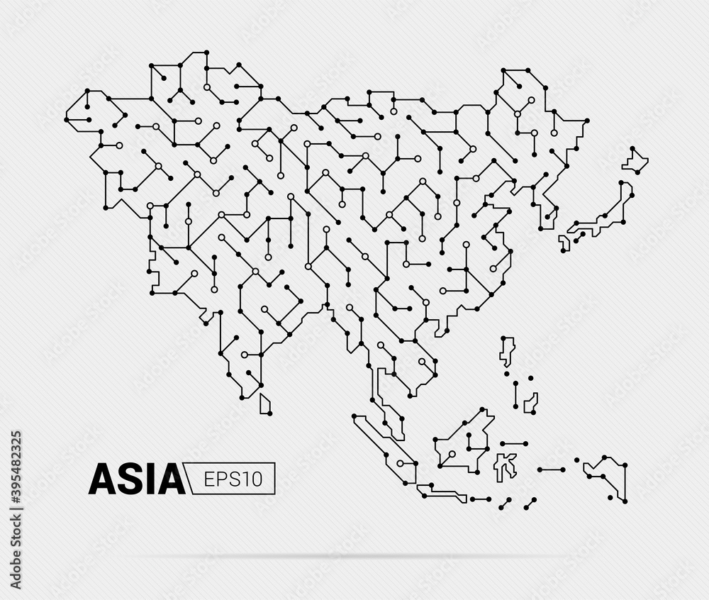 Abstract futuristic map of Asia. Electric circuit of the region. Vector ...