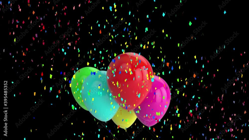Animation of multi coloured confetti falling over balloons on black ...