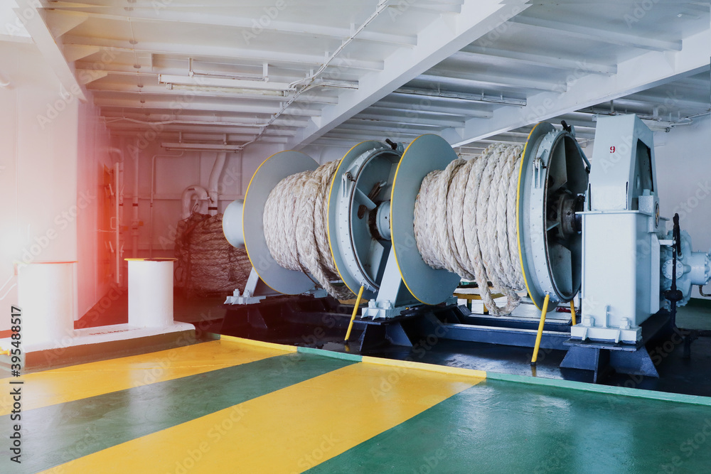 Mooring rope in line bundle of winch holding strain the ship attract ...