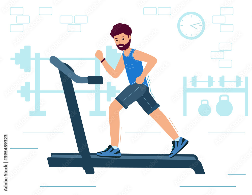 Man running on motorized treadmill. Sportive man on training machine ...