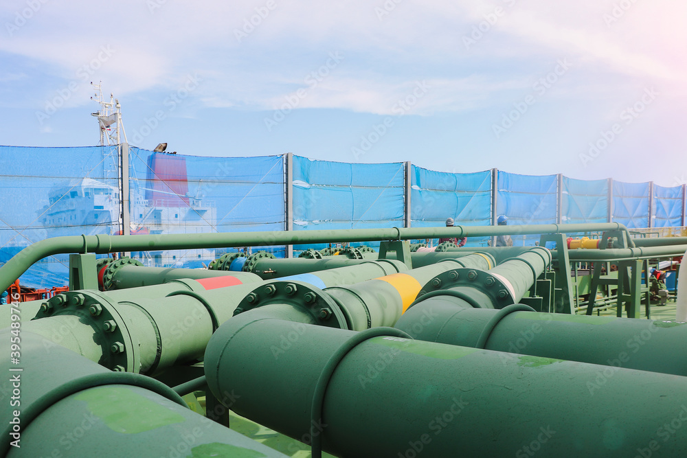 On Deck of chemical tanker ship, Oil tanker ship with pipe line ...