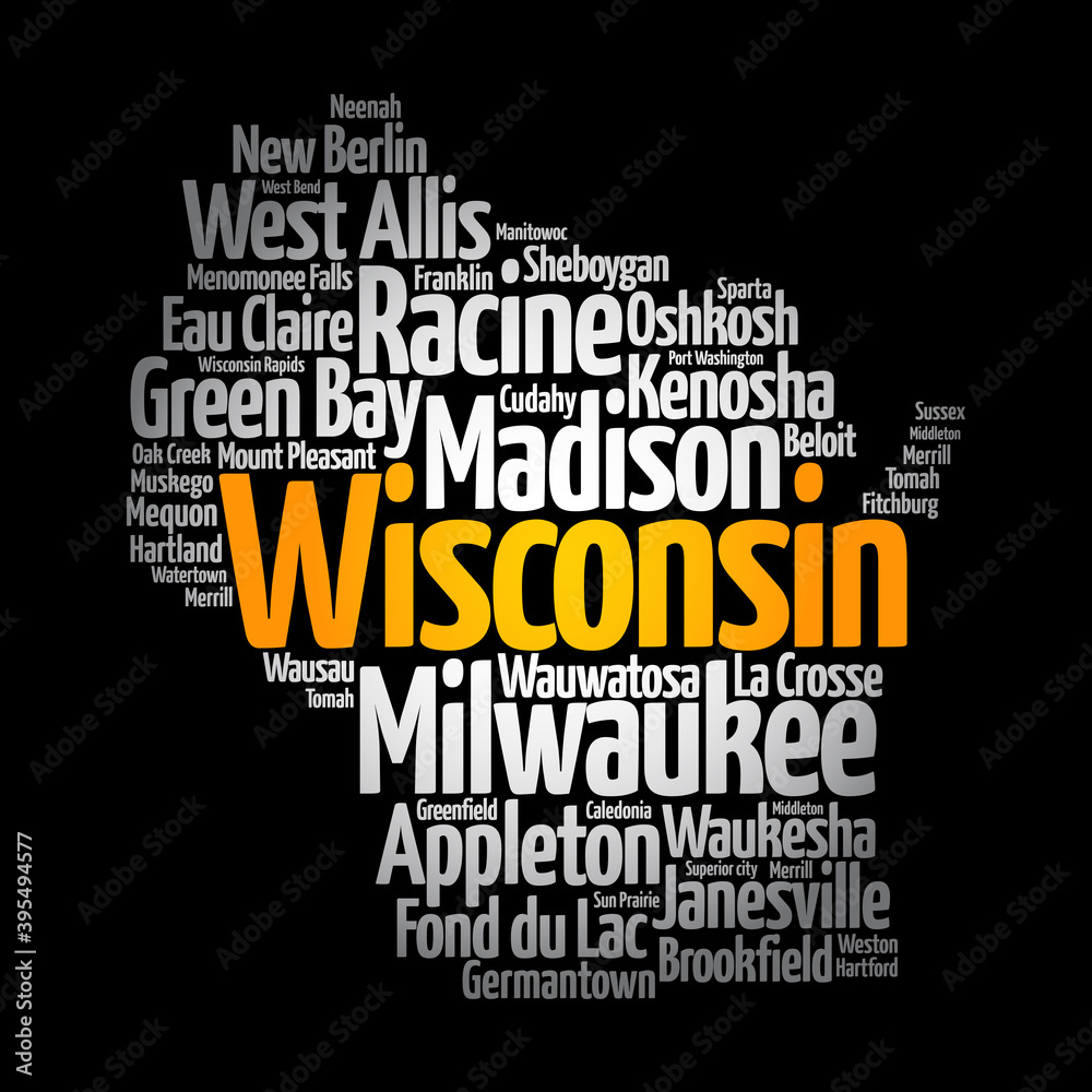 List of cities in Wisconsin USA state, map silhouette word cloud, map ...
